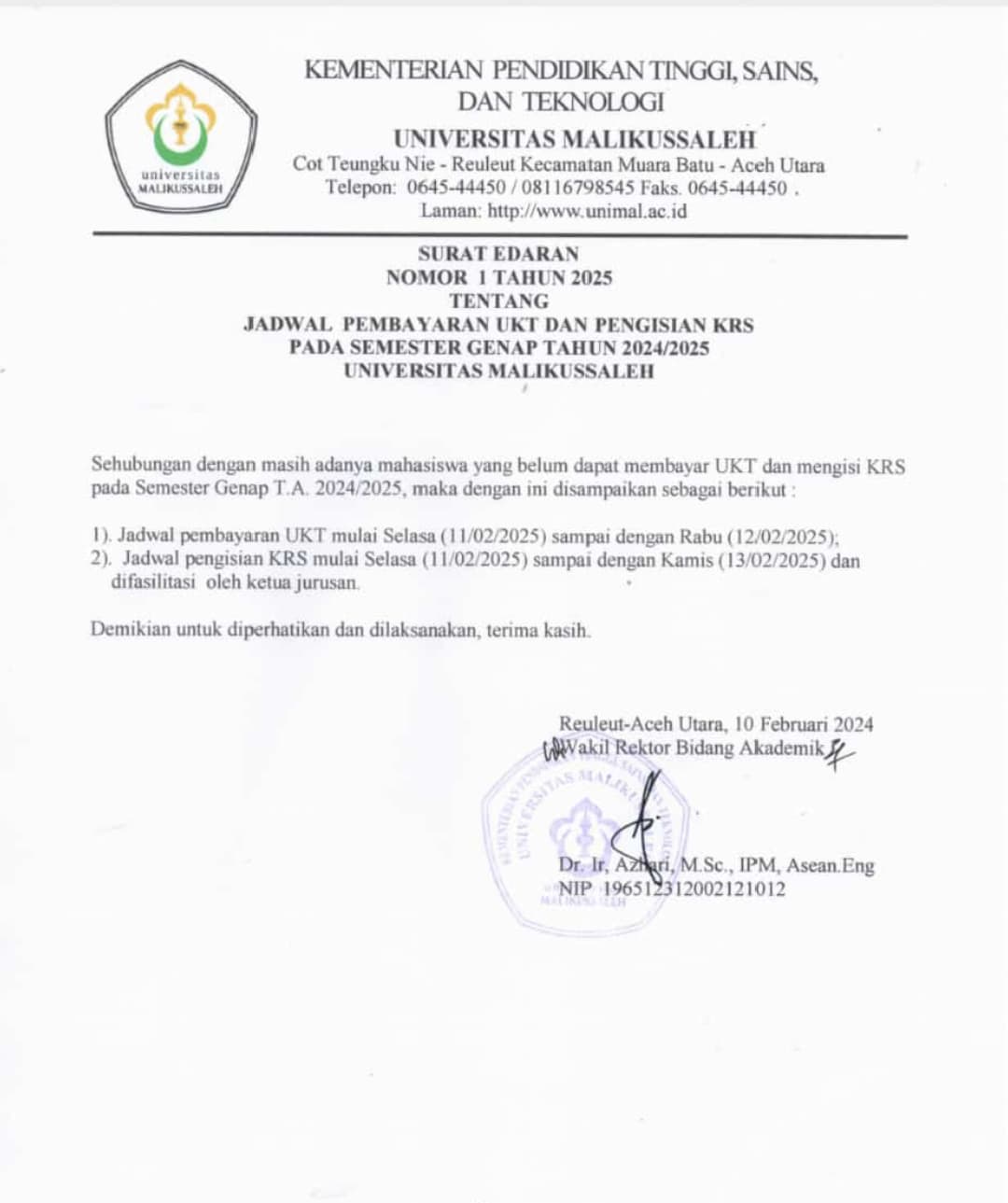 Jadwal Pembayaran UKT dan Pengisian KRS Semester Genap Tahun 2024/2025